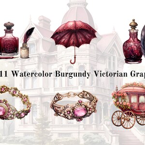 111 Burgundy Victorian Watercolor Clipart Bundle –PNG Transparent ...