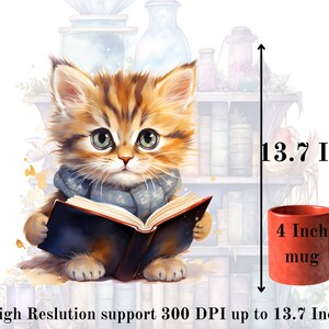 33 PNG Adorable Kitten Watercolor Booklover Clipart Bundle, Reading ...
