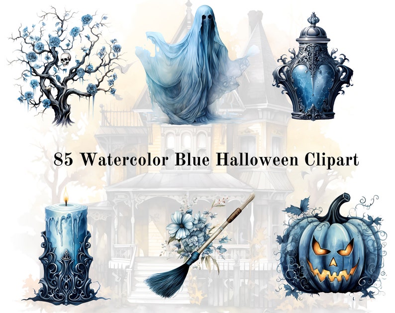 85 PNG Blue Halloween Watercolor Clipart Bundle: Junk Journal Spooky ...