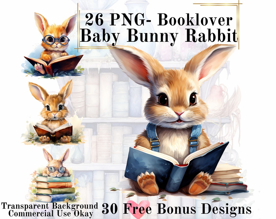 26 PNG Baby Bunny Rabbit Watercolor Booklover Clipart Bundle, Reading ...