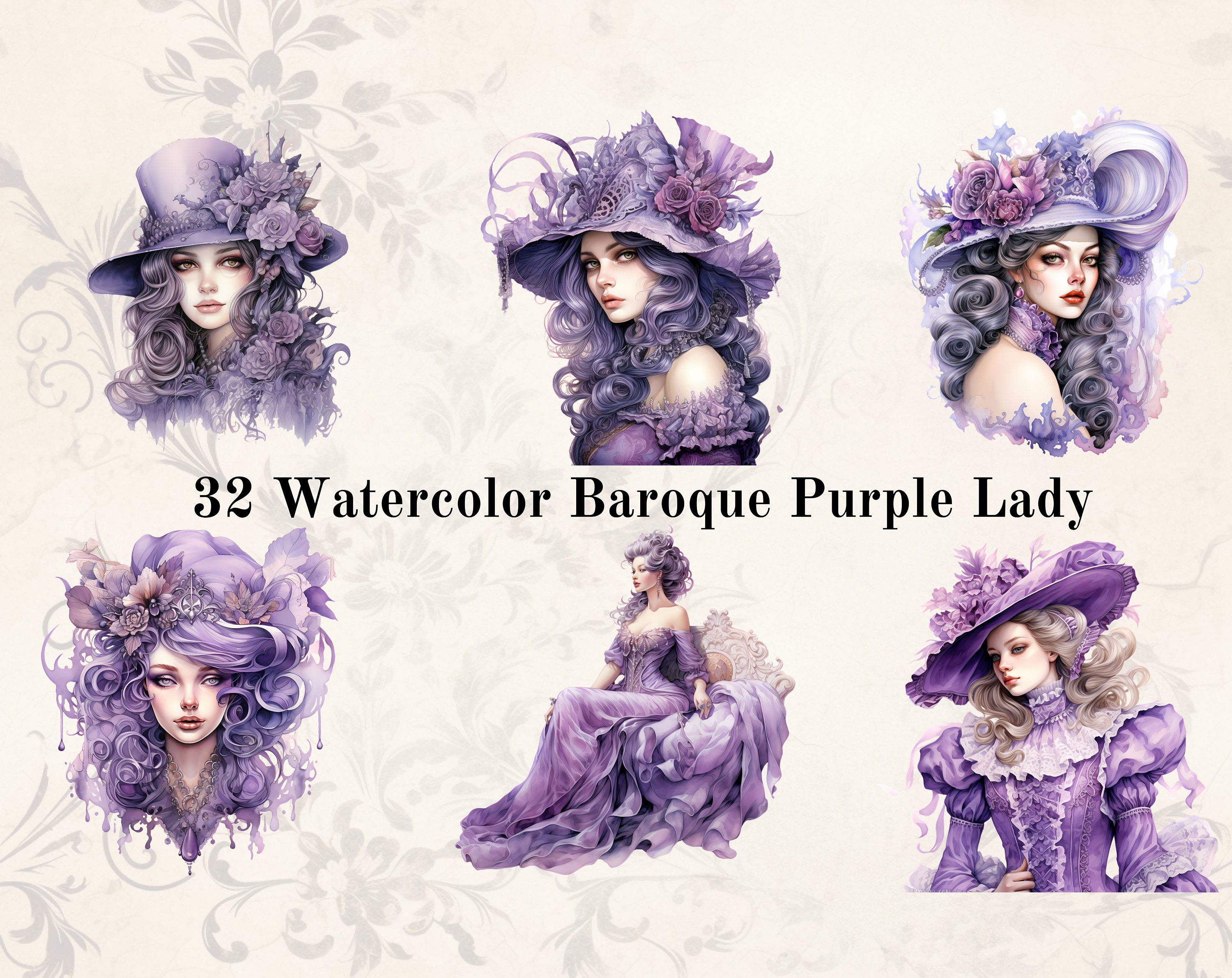 32 PNG Purple Baroque Lady Watercolor Clipart: Baroque Vintage Lady ...