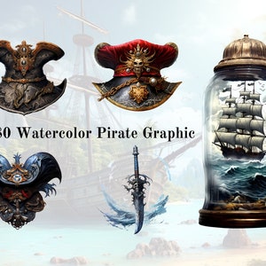 80 Pirate Watercolor Clipart Bundle-watercolor Age of Sea PNG ...