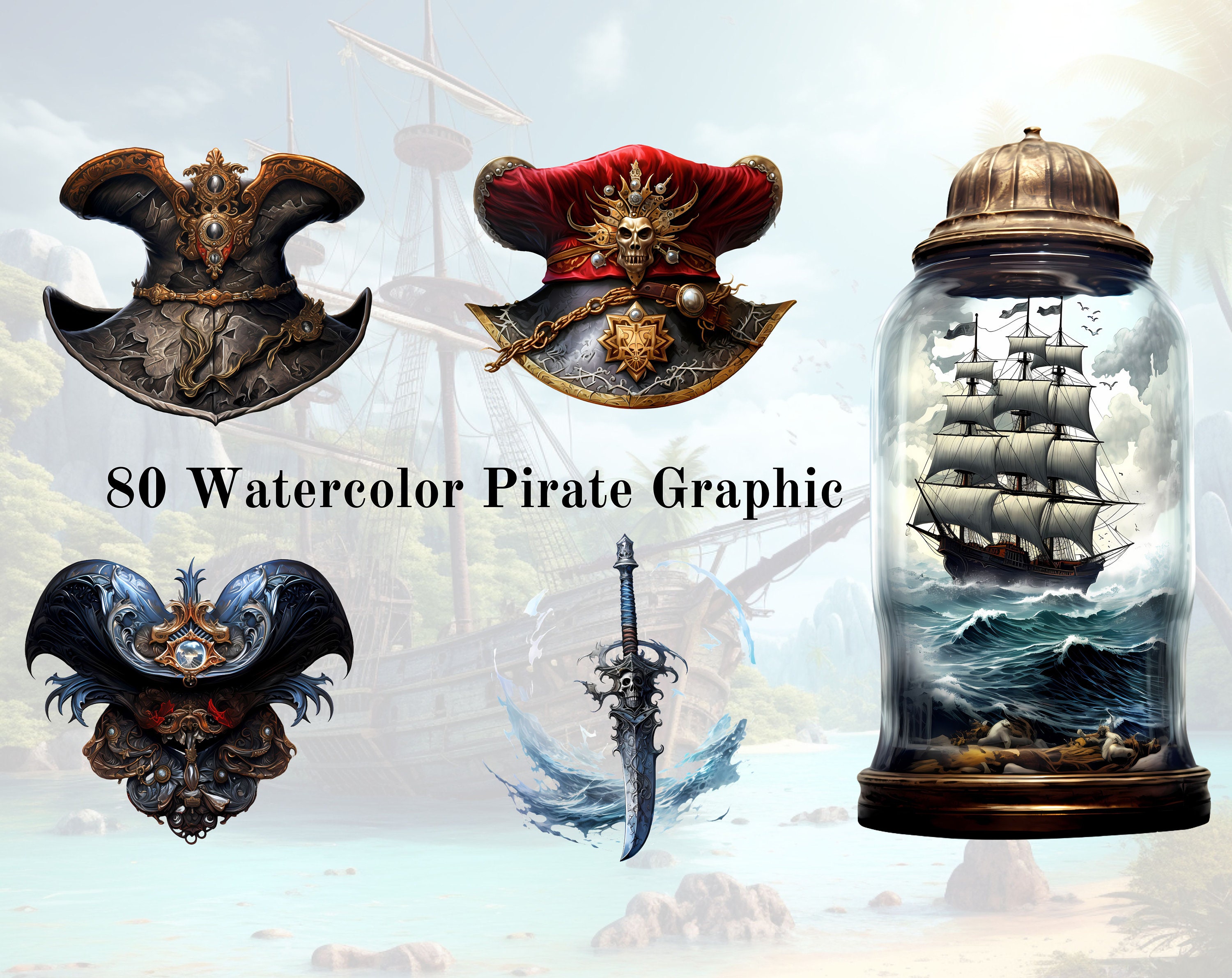 80 Pirate Watercolor Clipart Bundle-watercolor Age of Sea PNG ...