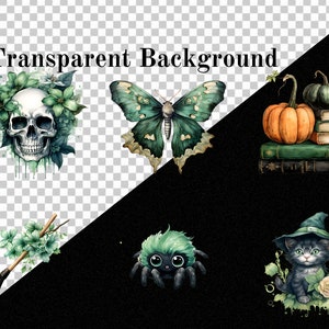 74 PNG Green Halloween Watercolor Clipart Bundle: Junk Journal Cute ...