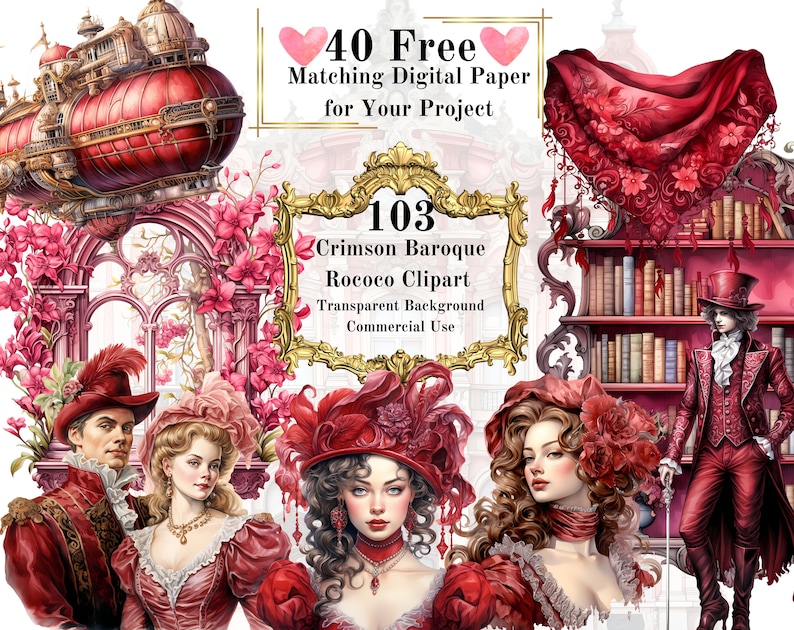 103 PNG Crimson Baroque Rococo Watercolor Clipart: Baroque Red Clipart ...