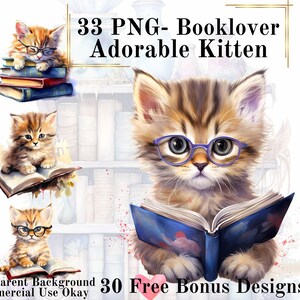 33 PNG Adorable Kitten Watercolor Booklover Clipart Bundle, Reading ...