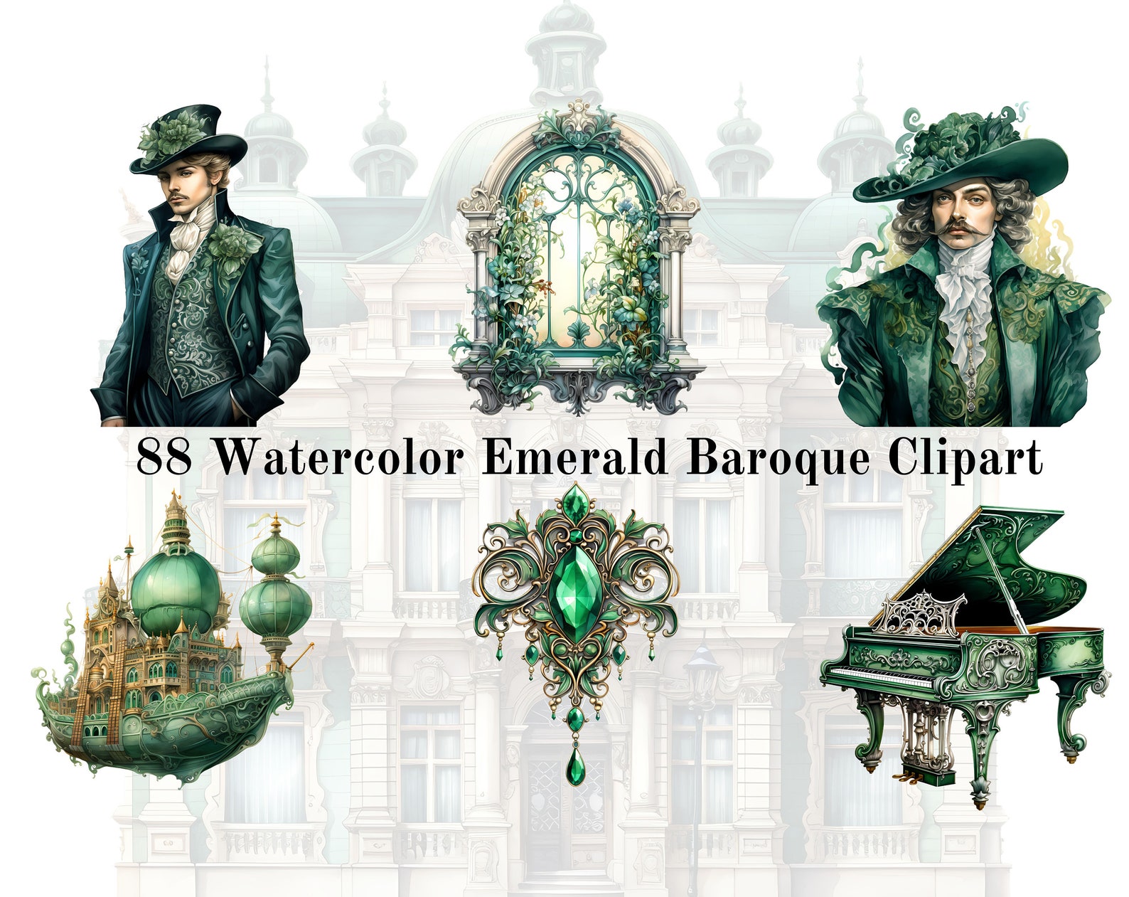 88 PNG Emerald Baroque Rococo Watercolor Clipart: Baroque Green Clipart ...