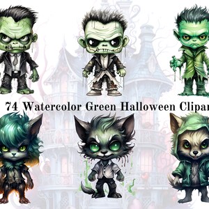 74 PNG Green Halloween Watercolor Clipart Bundle: Junk Journal Cute ...