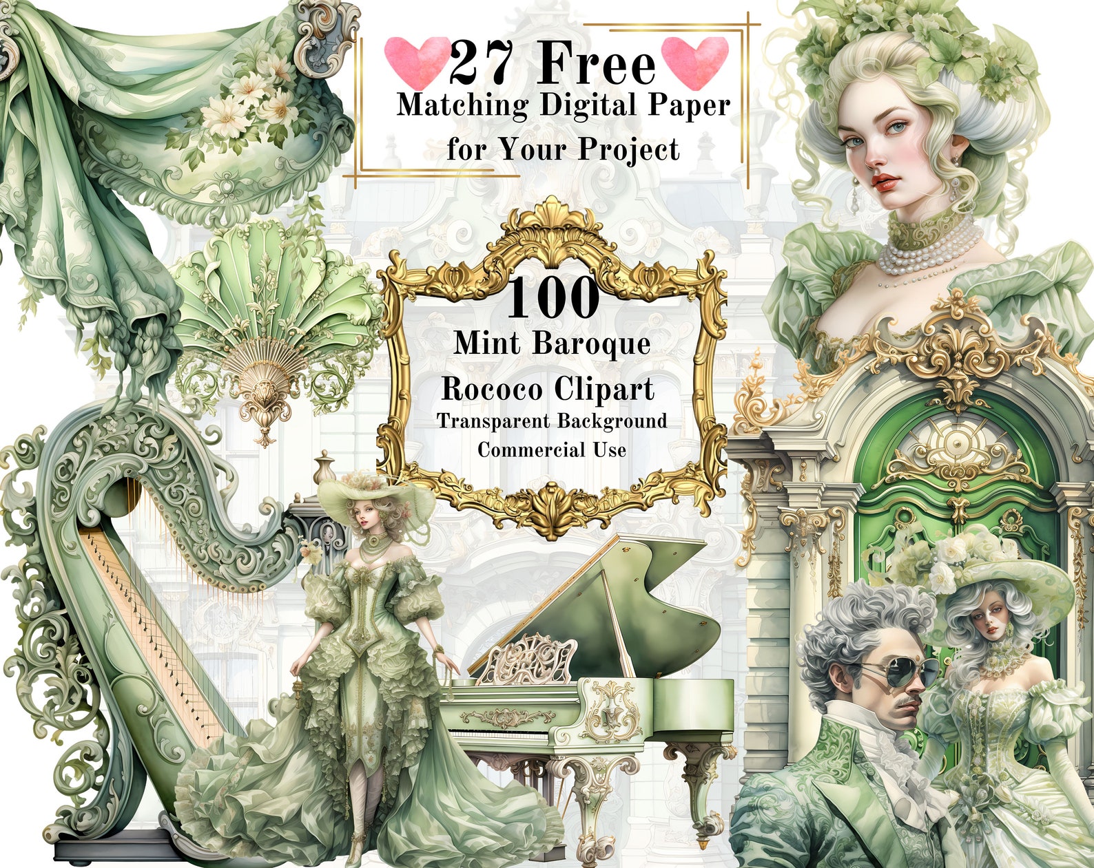 100 PNG Light Green Baroque Rococo Watercolor Clipart: Baroque Vintage ...