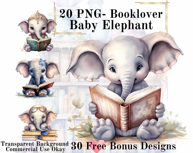 20 PNG Baby Elephant Watercolor Booklover Clipart Bundle Book - Etsy