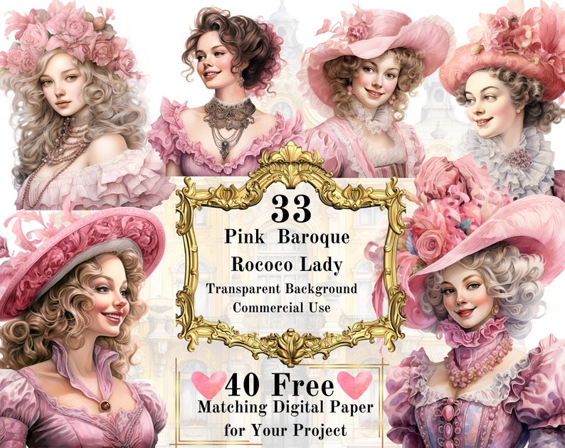 33 PNG Pink Baroque Lady Watercolor Clipart: Baroque Rococo Vintage ...