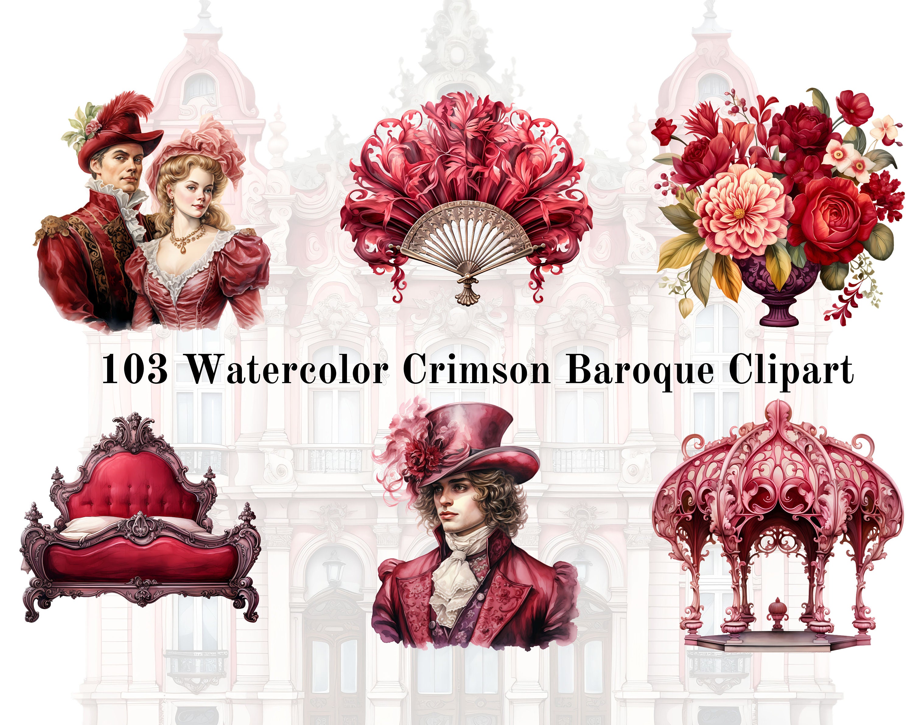 103 PNG Crimson Baroque Rococo Watercolor Clipart: Baroque Red Clipart ...