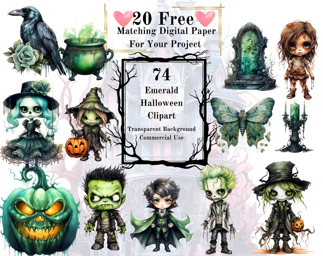 74 PNG Green Halloween Watercolor Clipart Bundle: Junk Journal Cute ...