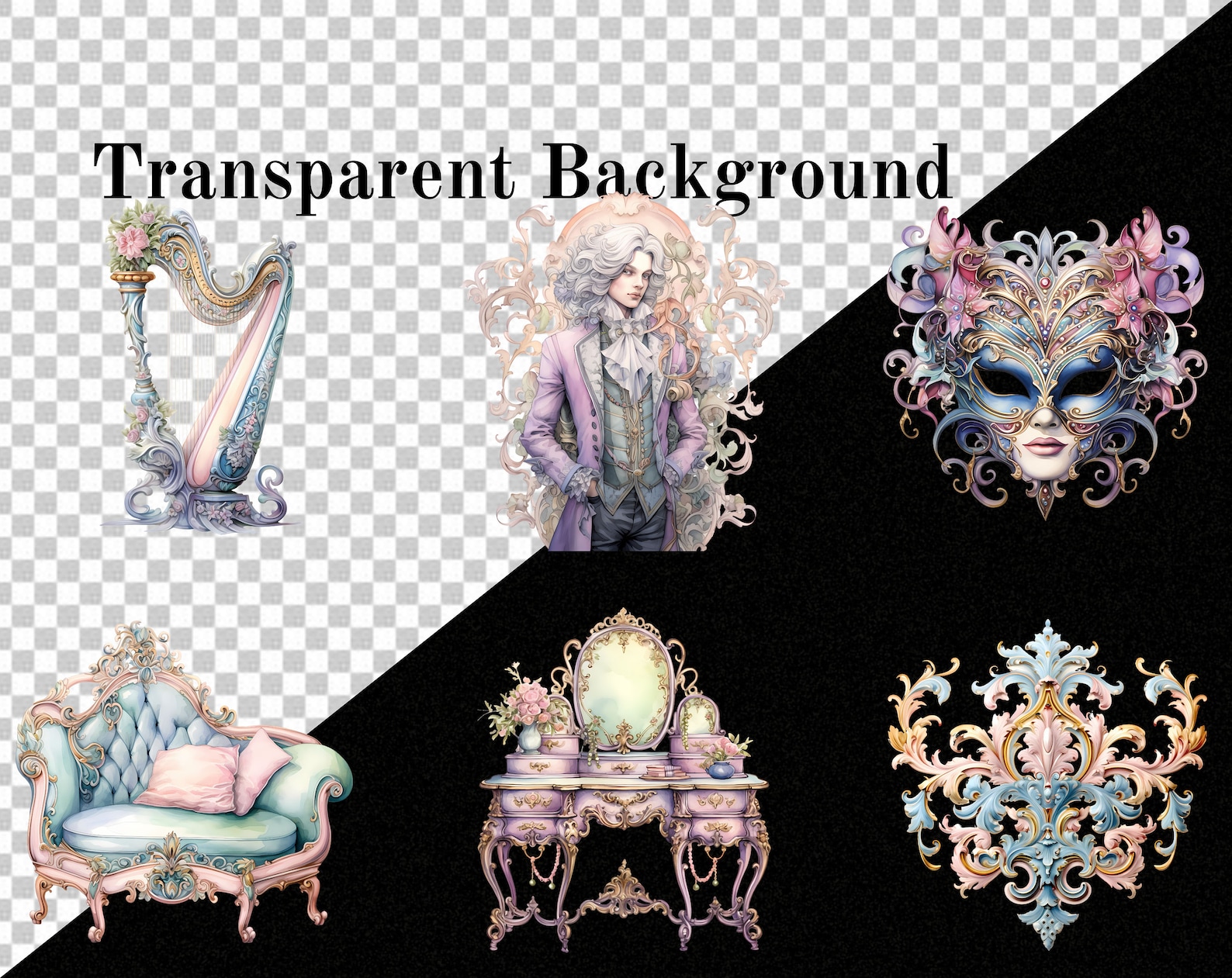 113 PNG Pastel Baroque Rococo Watercolor Clipart: Baroque Rainbow ...