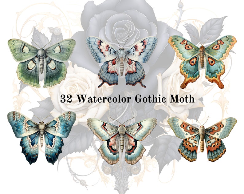 32 Gothic Moth Watercolor Clipart Bundle-watercolor Moth Dark PNG ...