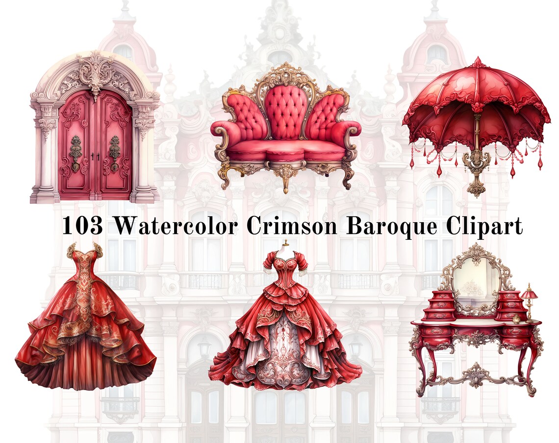 103 PNG Crimson Baroque Rococo Watercolor Clipart: Baroque Red Clipart ...