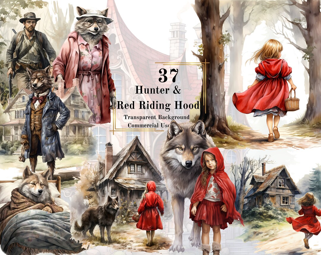 37 Red Riding Hood and Hunter Watercolor Clipart Bundle-watercolor ...
