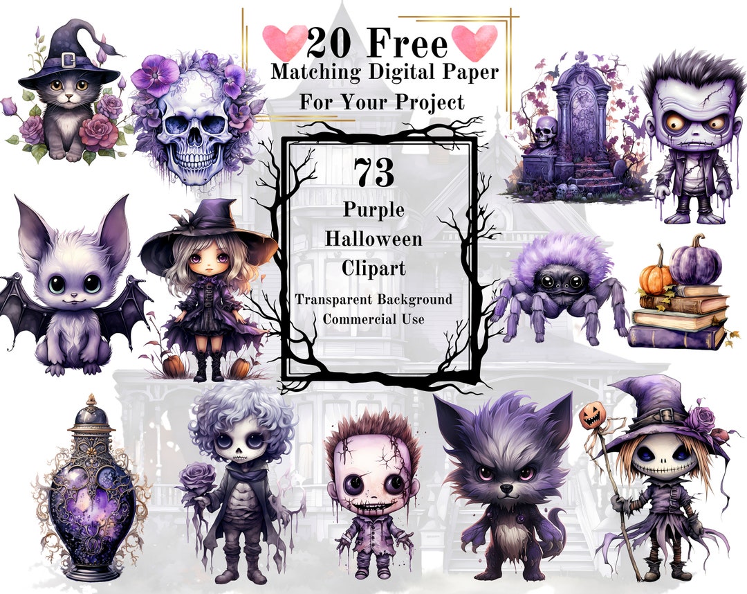 73 PNG Purple Halloween Watercolor Clipart Bundle: Junk Journal Cute ...