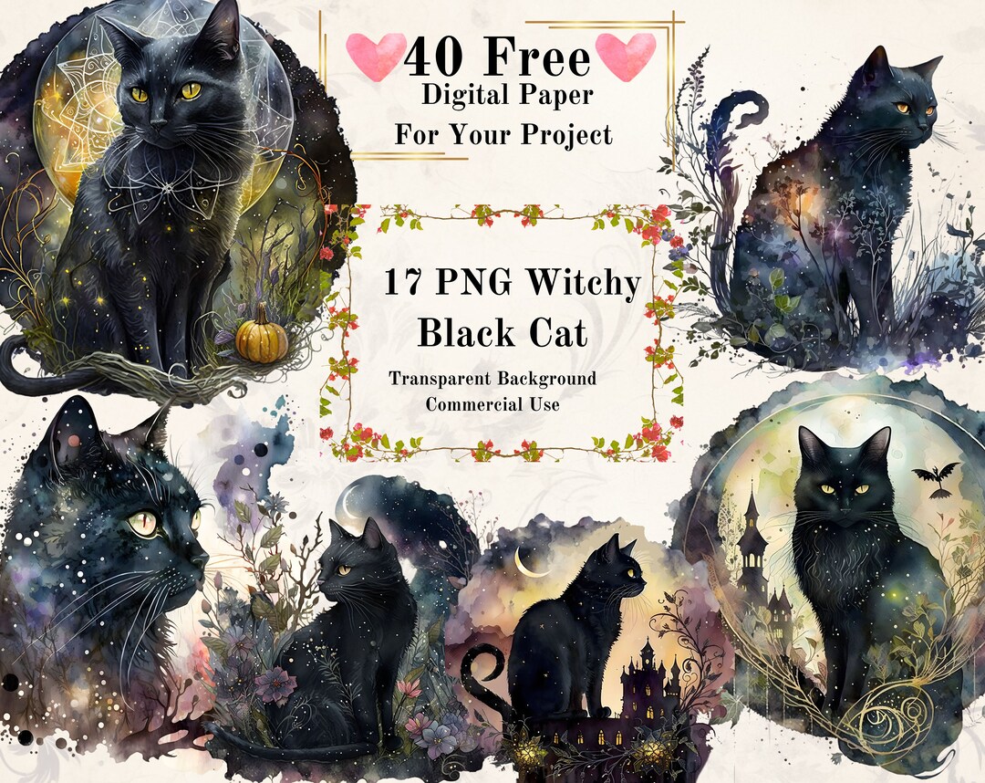 17 PNG Witchy Black Cat Watercolor Clipart Bundle: Fantasy Witch Cat ...