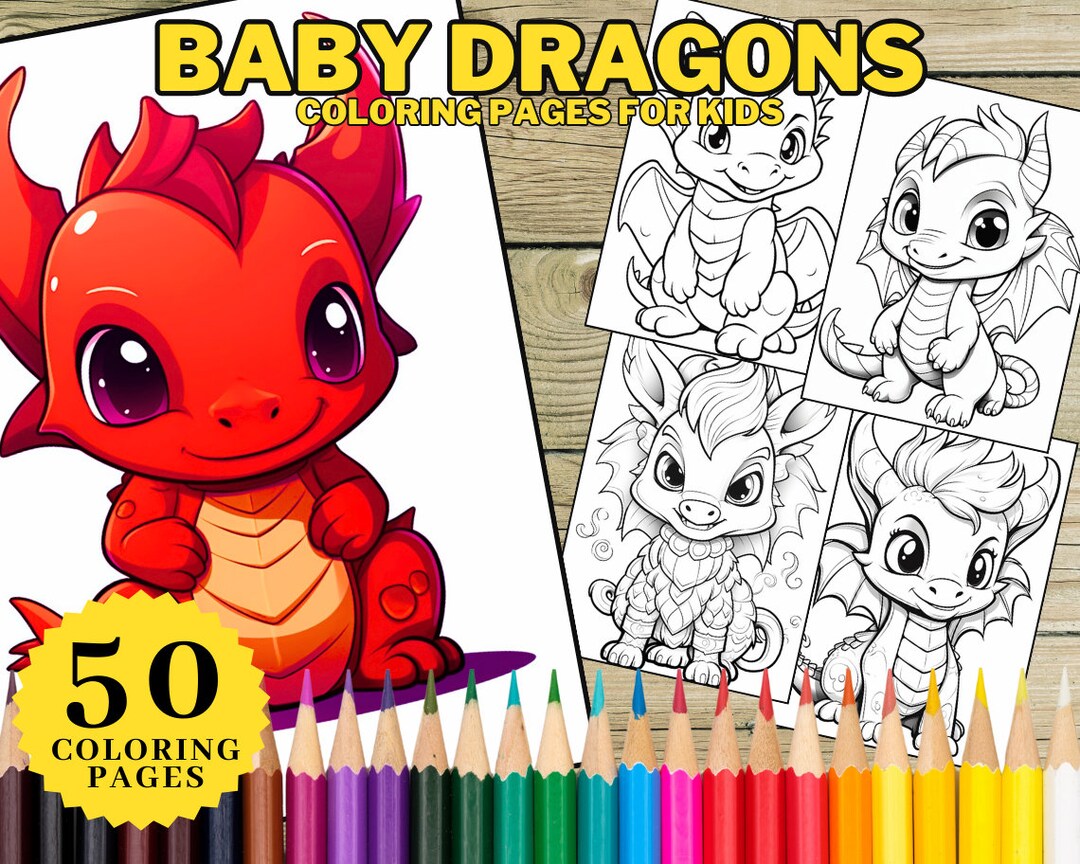 50 Baby Dragon Fantasy Coloring Page Book for Kids & Adult, Digital ...