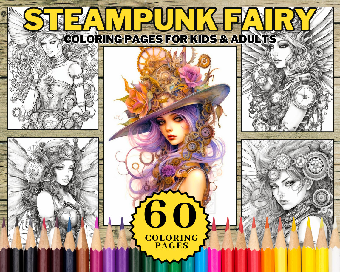 60 Steampunk Fairy Coloring Book Page for Kids & Adults Printable Fairy ...