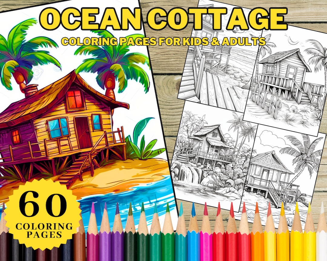 60 Ocean Cottage Coloring Book Page, Downloadable Printable PDF ...
