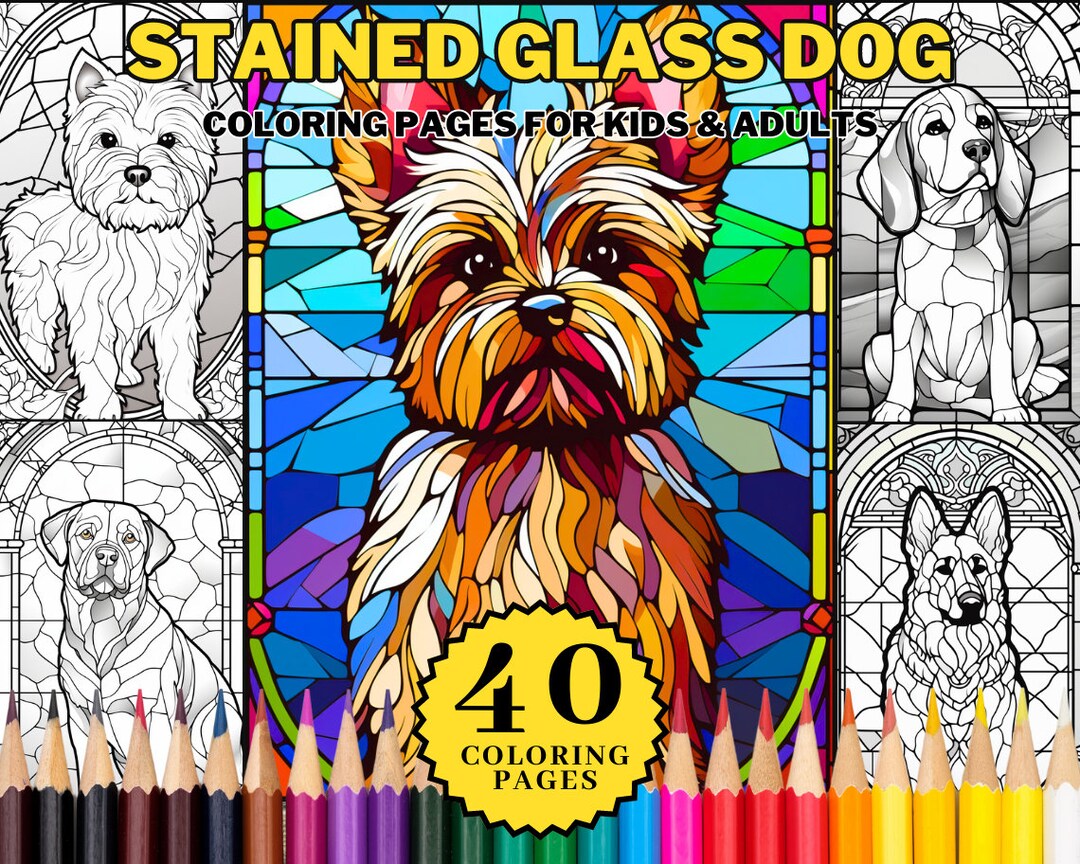 Stained Dogs Coloring Book Page for Kids & Adults, Dogs for Coloring ...