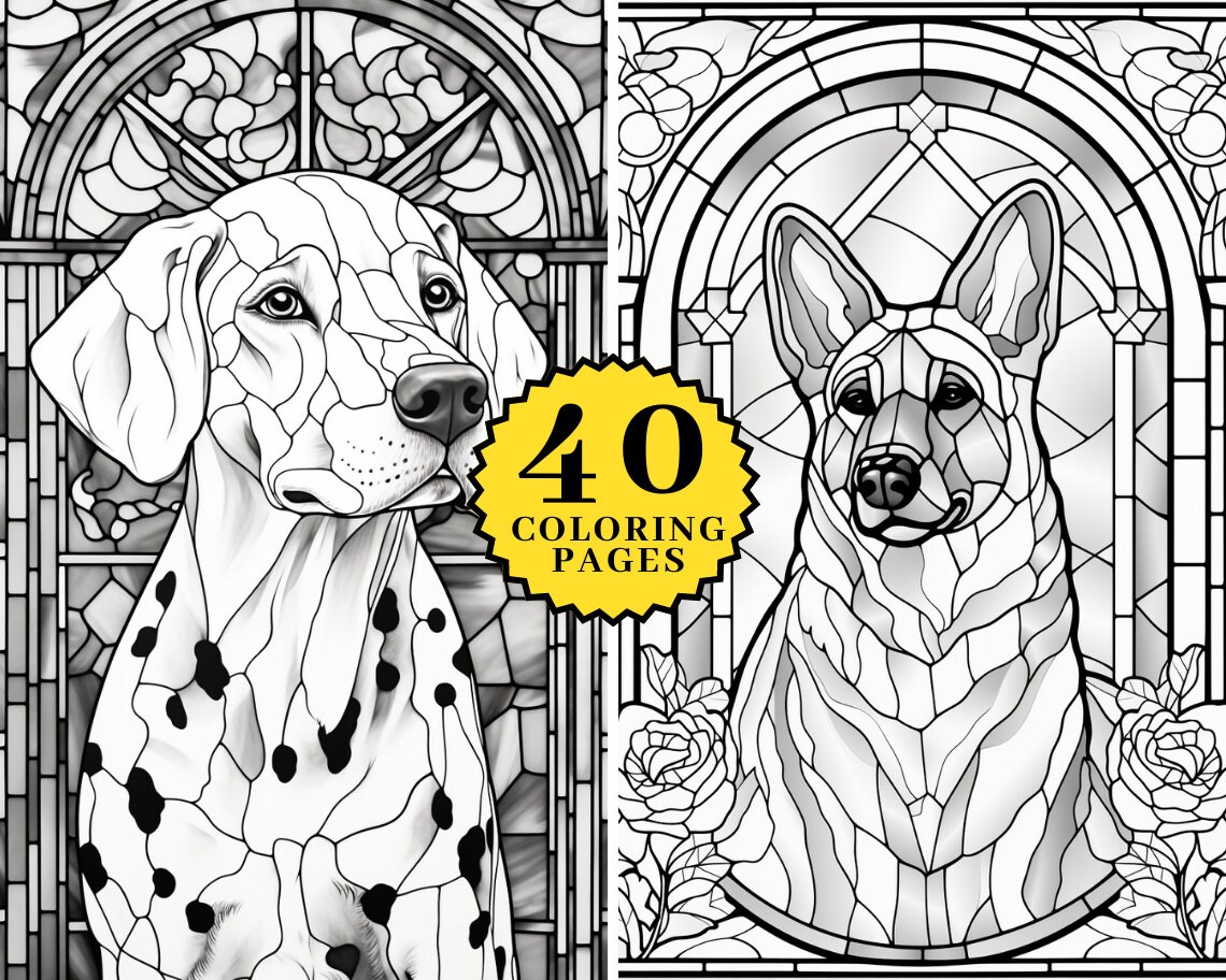 Stained Dogs Coloring Book Page for Kids & Adults, Dogs for Coloring ...