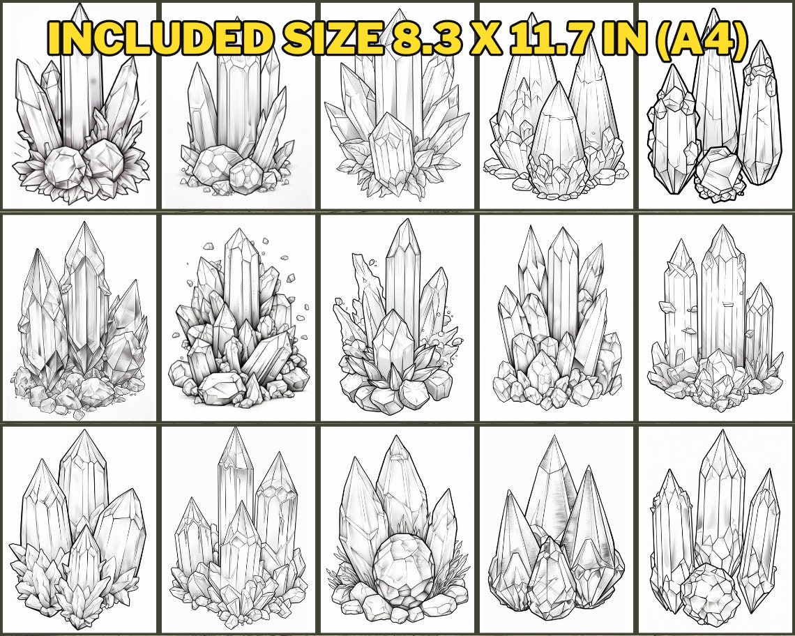 Crystal Coloring Book Pages for Kids & Adults, Grayscale Printable PDF ...