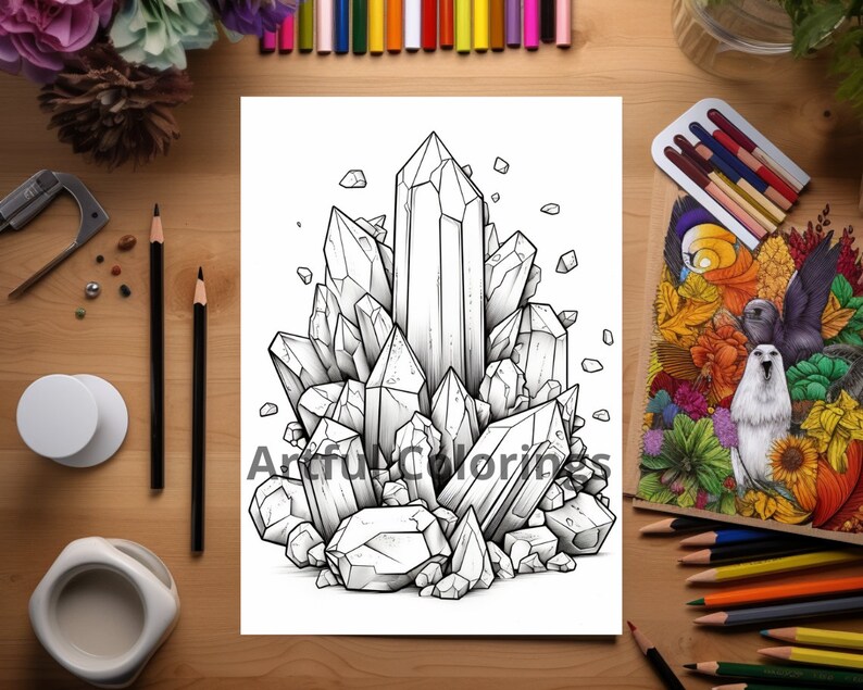 Crystal Coloring Book Pages for Kids & Adults, Grayscale Printable PDF ...