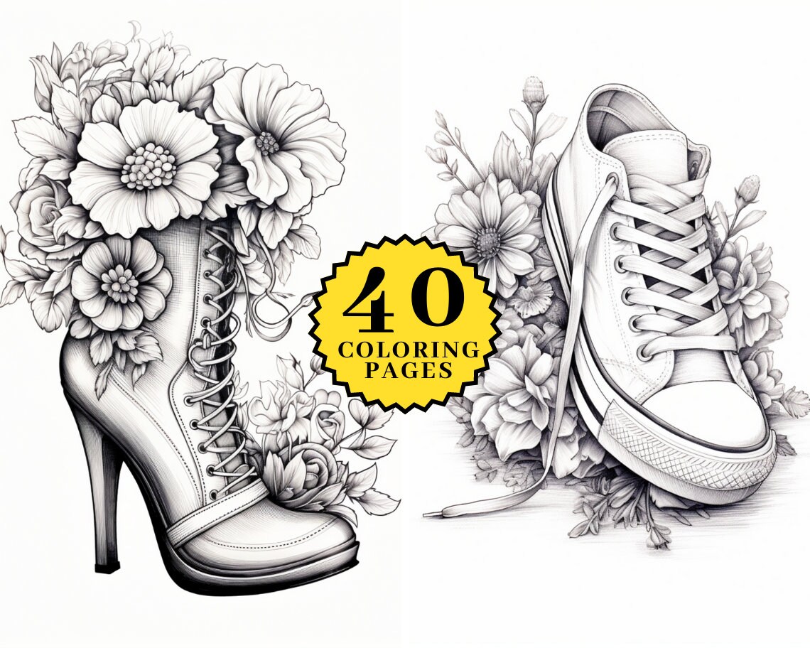 Floral Shoes Grayscale Coloring Pages for Kids & Adults Printable ...