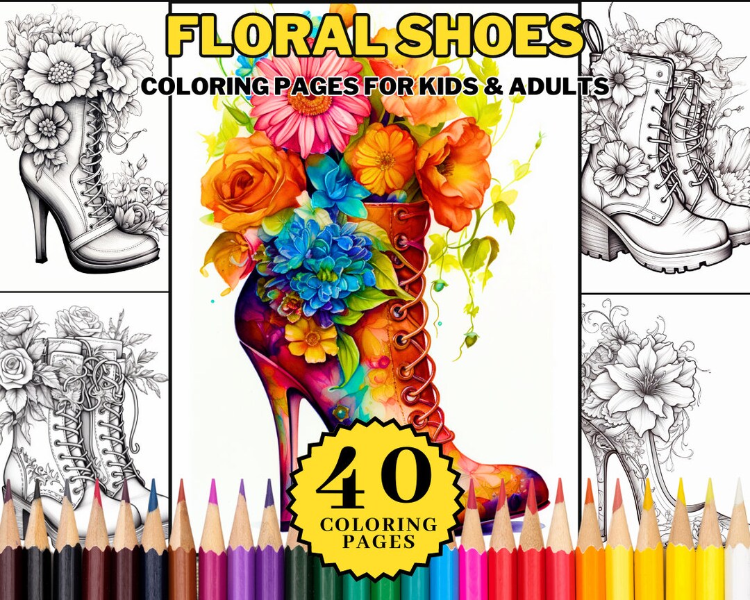Floral Shoes Grayscale Coloring Pages for Kids & Adults Printable ...