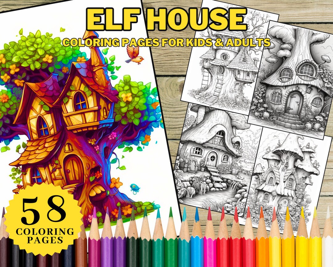 58 Fairy Elf House Coloring Book Pages for Kids & Adults, Forest Elf ...