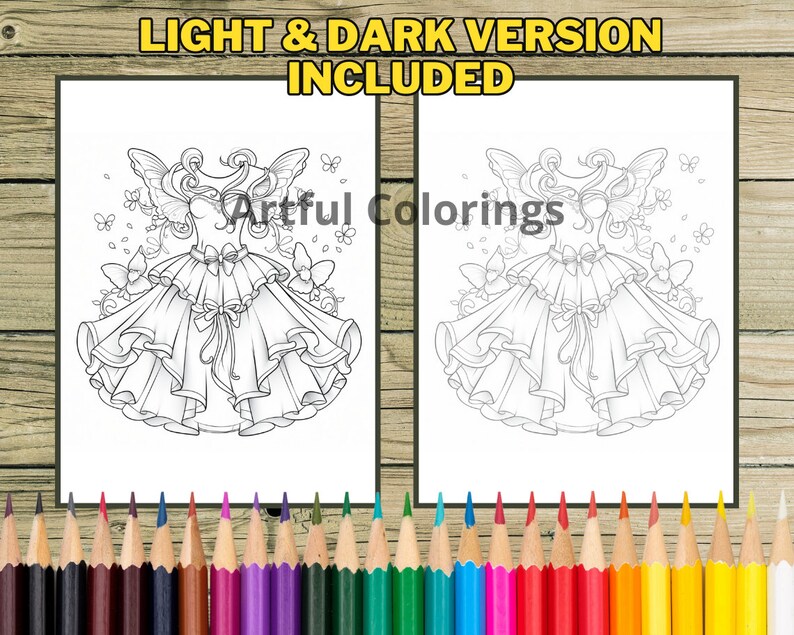 Fairy Dress Coloring Book Page for Kids & Adults Printable, Dresses ...