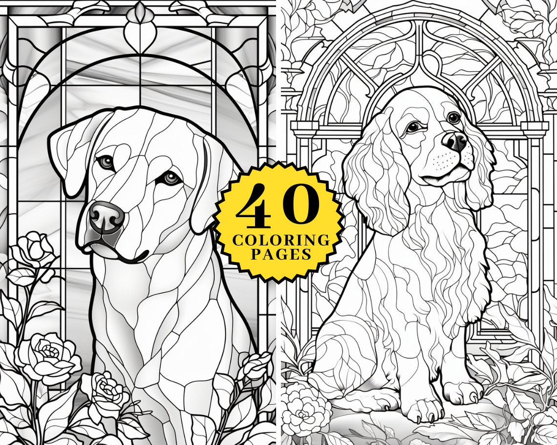 Stained Dogs Coloring Book Page for Kids & Adults, Dogs for Coloring ...