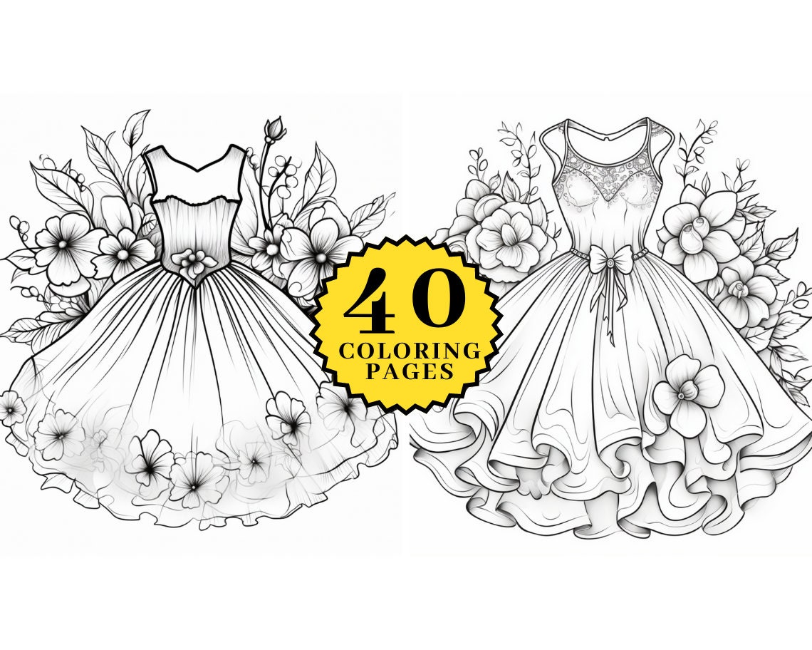 Fairy Dress Coloring Book Page for Kids & Adults Printable, Dresses ...