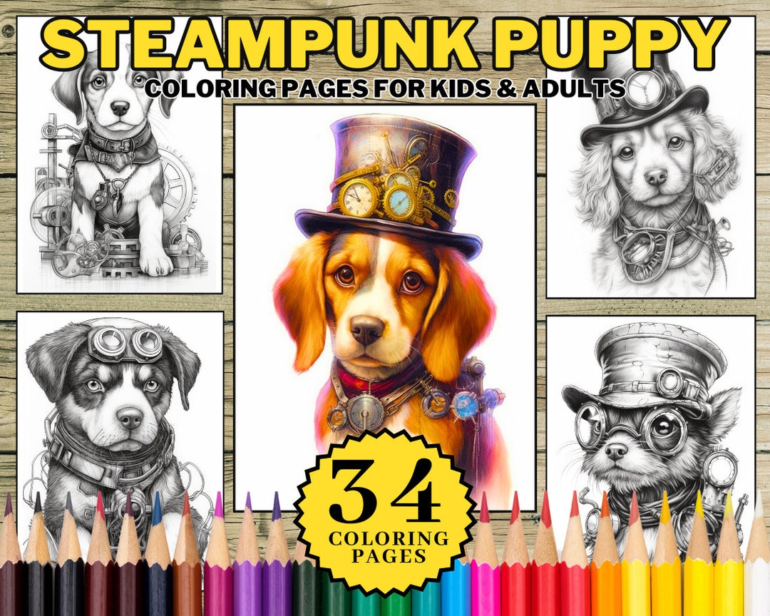 34 Puppy Dog Steampunk Coloring Book Page for Kids & Adults ...