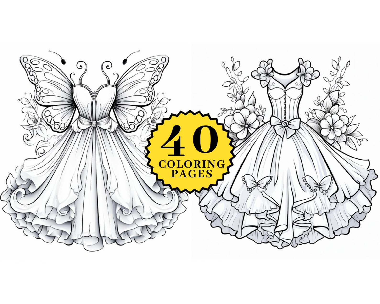 Fairy Dress Coloring Book Page for Kids & Adults Printable, Dresses ...