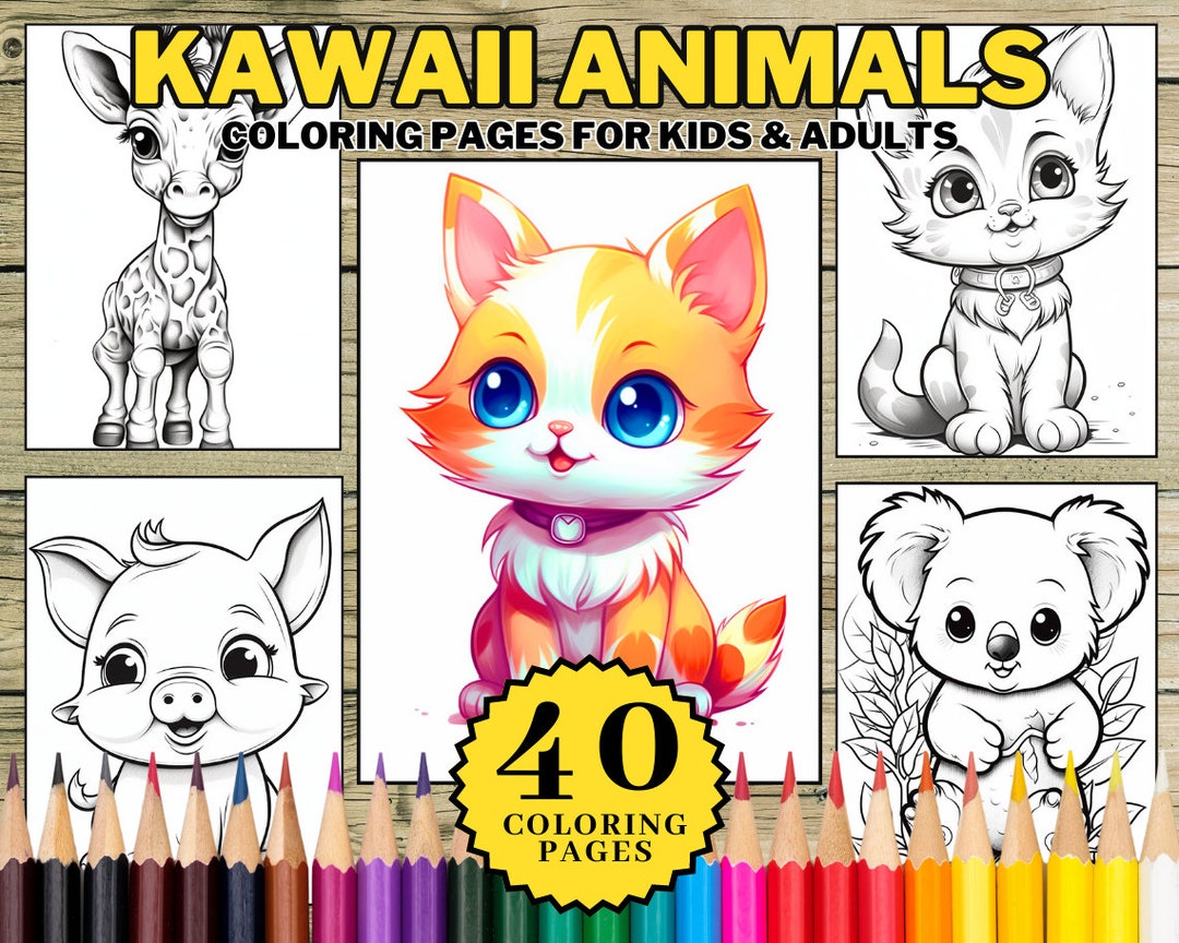 40 Kawaii Animal Coloring Book Page for Kids & Adults, Kawaii Color ...