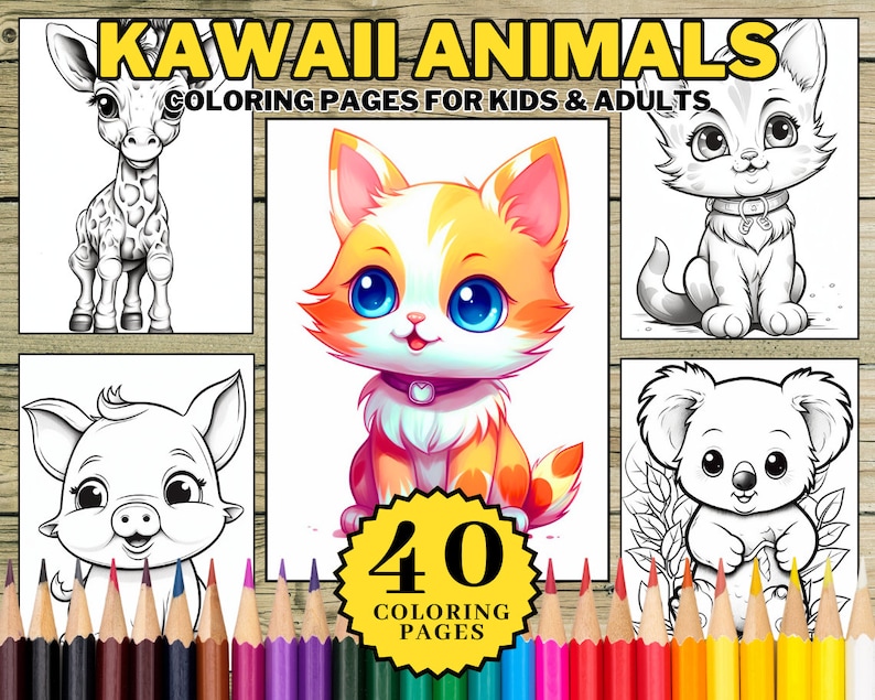 40 Kawaii Animal Coloring Book Page for Kids & Adults, Kawaii Color ...