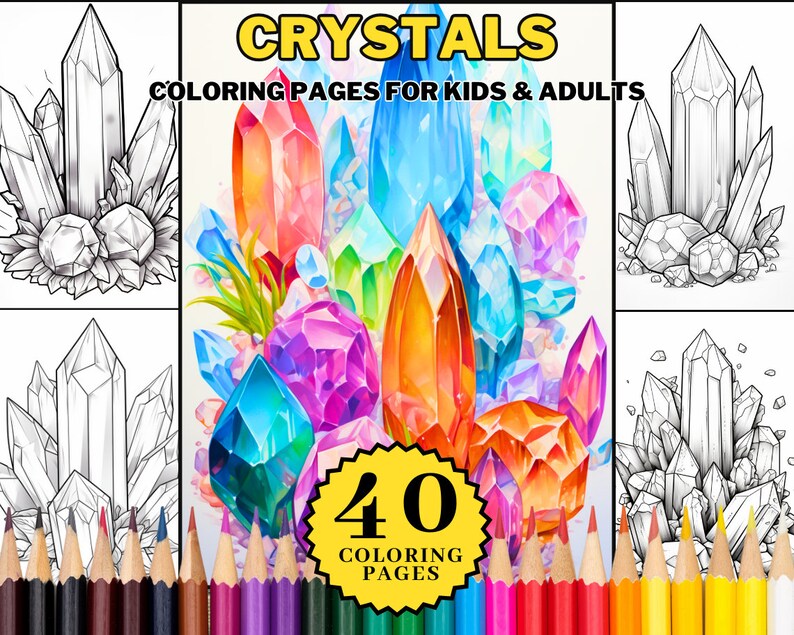 Crystal Coloring Book Pages for Kids & Adults, Grayscale Printable PDF ...