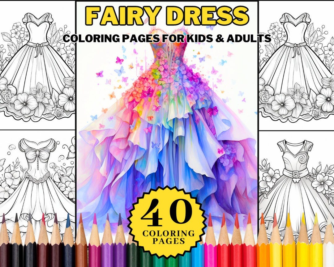 Fairy Dress Coloring Book Page for Kids & Adults Printable, Dresses ...
