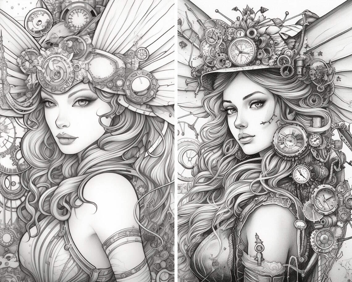60 Steampunk Fairy Coloring Book Page for Kids & Adults Printable Fairy ...