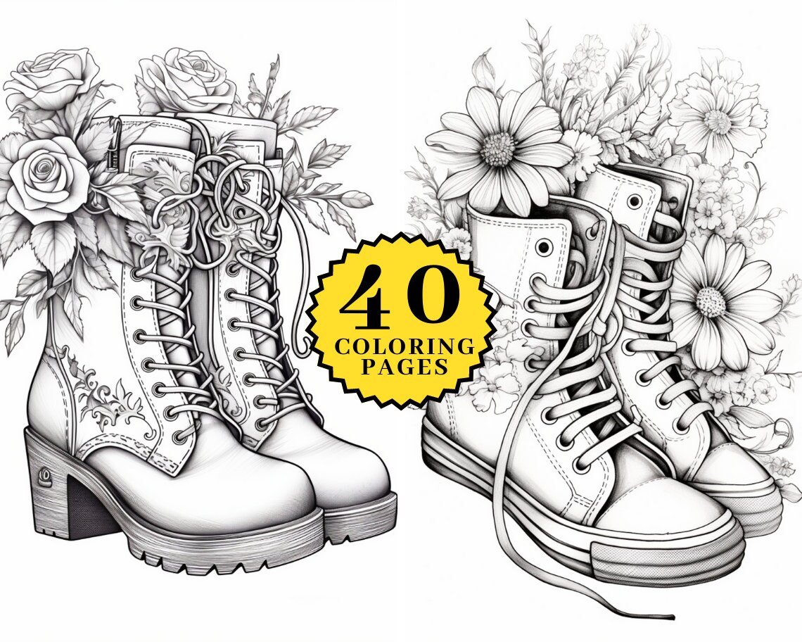 Floral Shoes Grayscale Coloring Pages for Kids & Adults Printable ...