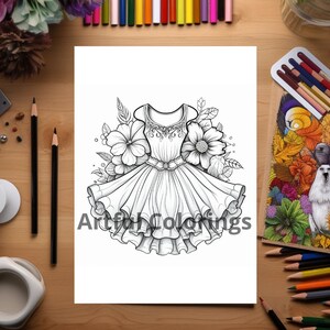 Fairy Dress Coloring Book Page for Kids & Adults Printable, Dresses ...