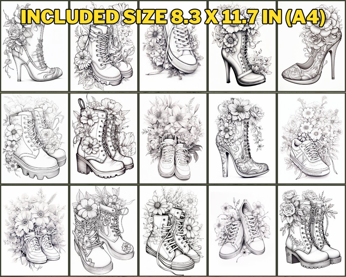 Floral Shoes Grayscale Coloring Pages for Kids & Adults Printable ...