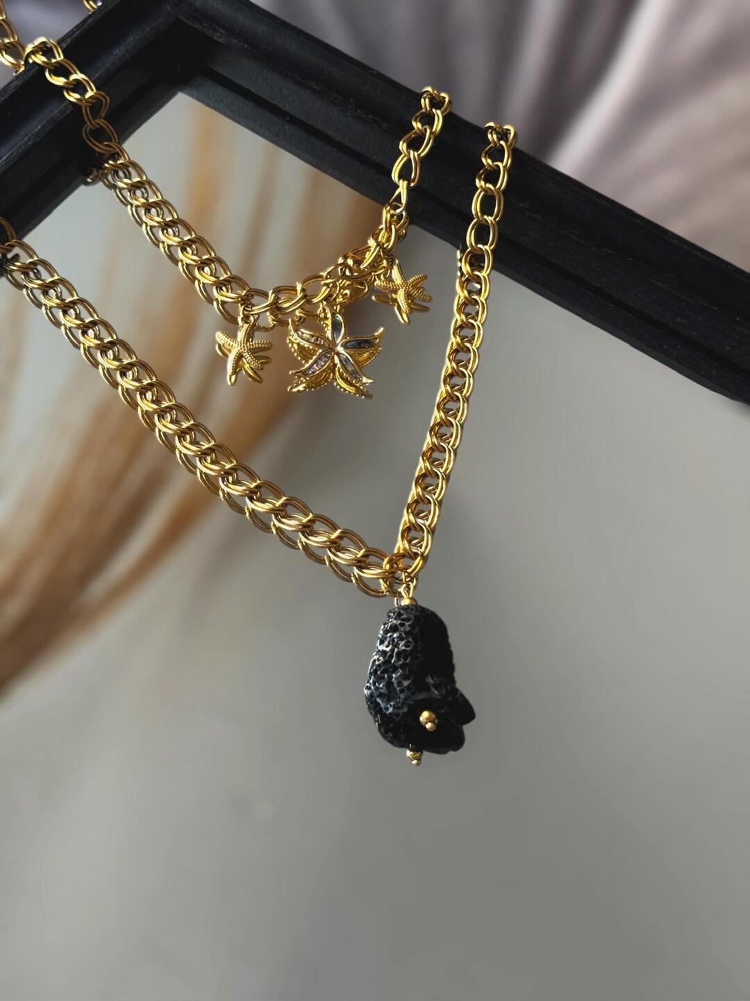 Double Chain Starfish Necklace, Layered Chain Lava Stone Pendant ...