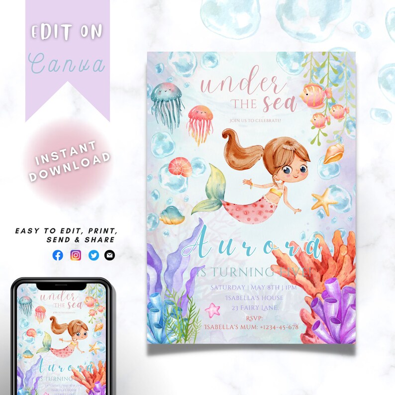 Editable Mermaid Birthday Invitation Under the Sea Girl Birthday Invite ...