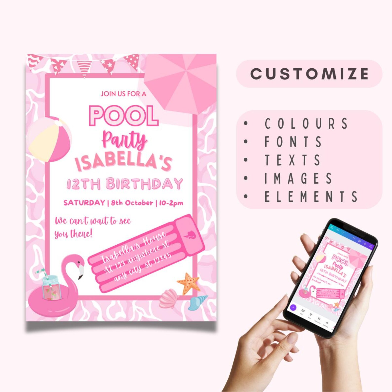 Pink Pool Party Invitation, Girls Pool Birthday Invite, Summer Pool ...