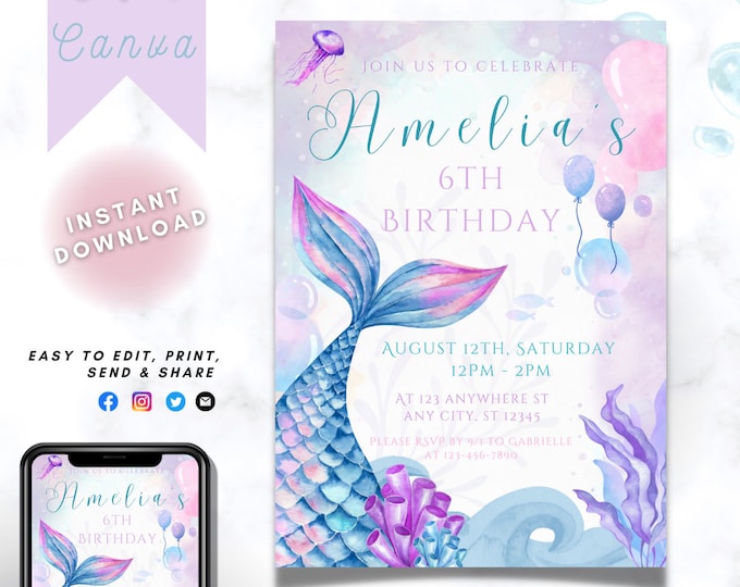 Editable Mermaid Tail Birthday Invitation Under the Sea Birthday Invite ...